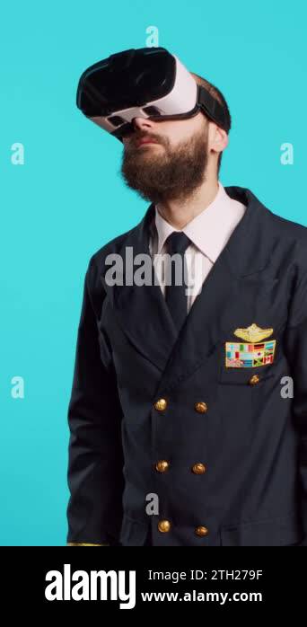 Vertical video: Plane captain using vr glasses interactive vision ...