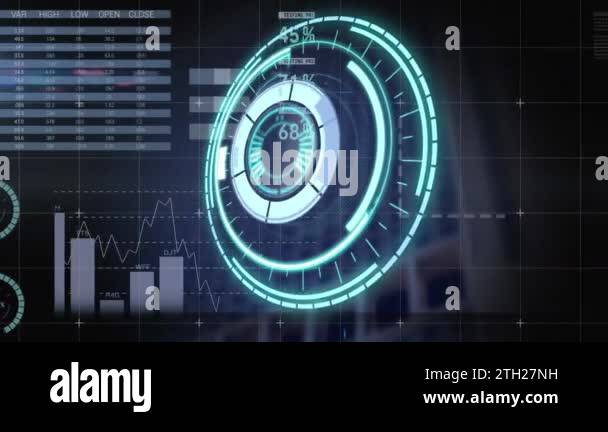 Neon round scanner over digital interface with data processing against blue background. computer ...