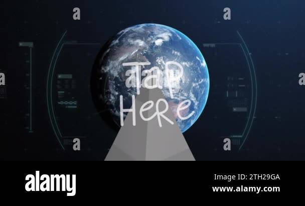 Animation of tap here text and data processing over globe and virus ...