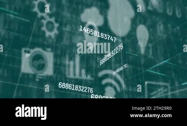 Multiple changing numbers and data processing against multiple digital icons on green background ...