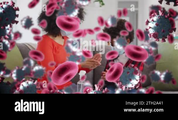 Animation of virus cells over african american mother with son ...