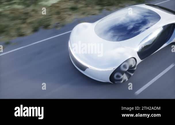 Futuristic electric car very fast driving on highway. Futuristic city ...