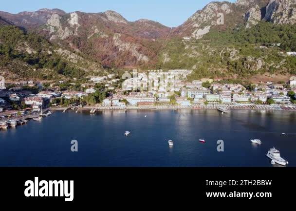 Panoramic drone view of seaside and beach in resort village Turunc in ...