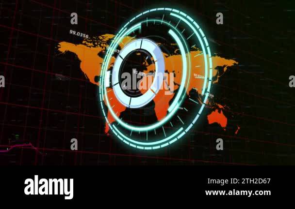 Neon round scanner over multiple changing numbers floating over world ... Neon round scanner over multiple changing numbers floating over world ...