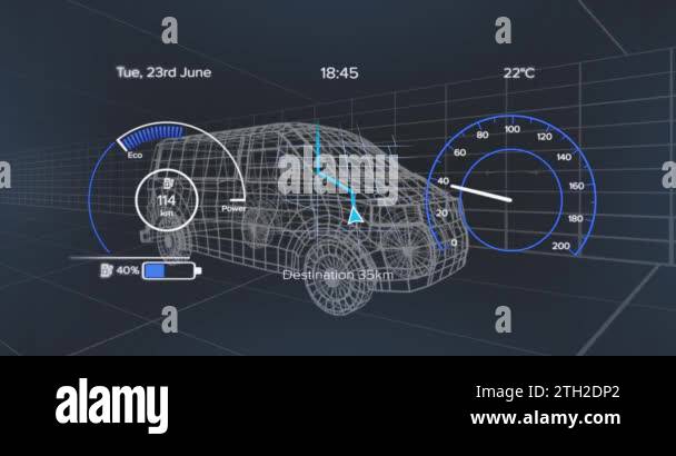 Animation of speedometer and power level over van project on black ...