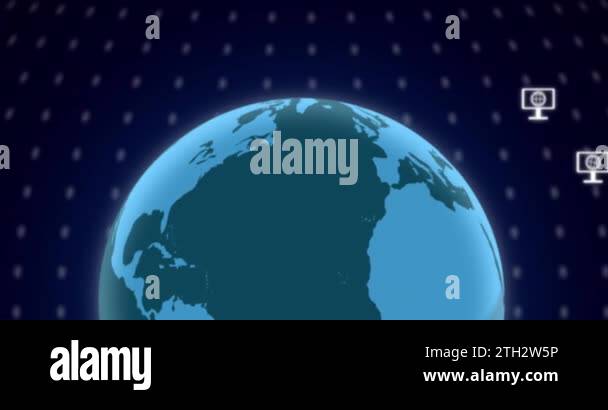 Animation of computer and envelope icons over globe and spots on blue ...