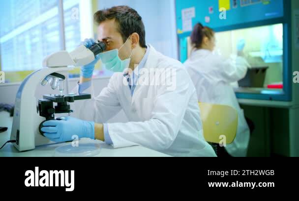young and charming doctor look in microscope accomplishes some routine medical procedures and ...