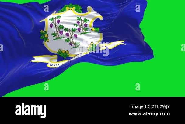 The state flag of Connecticut waving in the wind isolated on a green ...