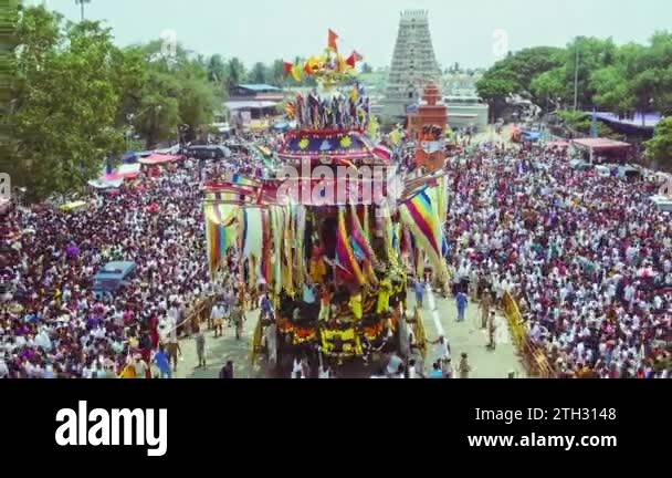 An aerial view of the chariot procession and celebration of a Hindu ...