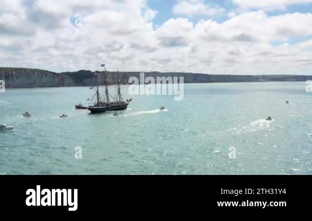 Aerial view of the Belem - a French three-masted sailing ship leaving ...