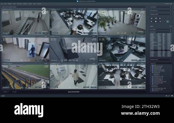 Playback CCTV cameras in office on computer screen. Surveillance interface with AI futuristic ...