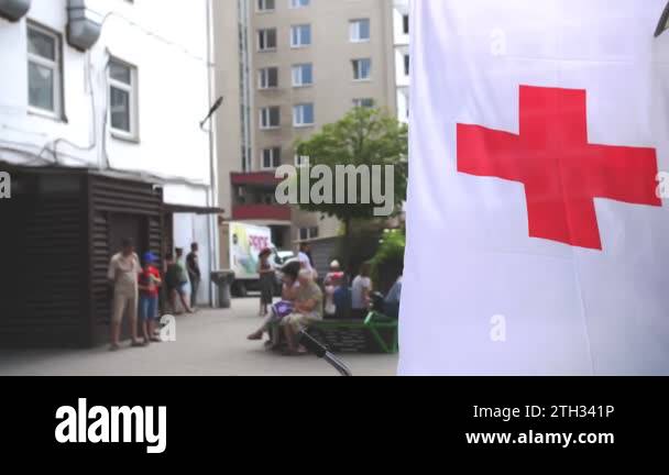humanitarian aid. social donations. Red Cross flag. close-up. social ...
