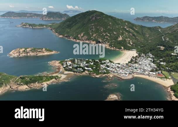 Drone footage of beautiful Shek O village with a beach in Hong Kong ...