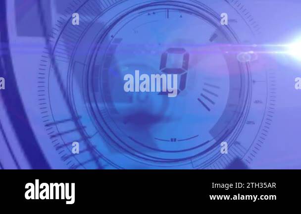 Animation of light spot and countdown over round scanners against blue ...