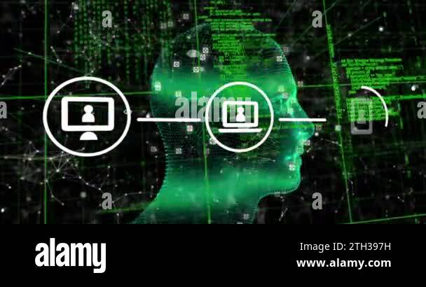 Animation of computer, laptop, phone forming flow chart, human face ...