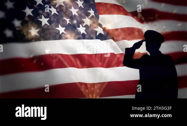 American flag waving with fireworks and soldier silhouette celebrating ...