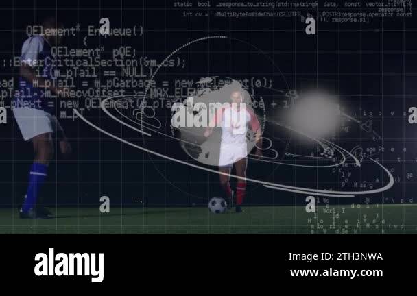 Animation of data processing over diverse football players and scope scanning. Global sports ...