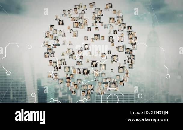 Animation of rotating photos of diverse people over cityscape. global ...