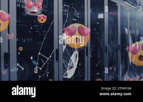 Animation of emoji icons over server room. global technology and ...