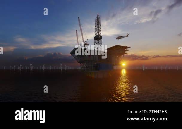Oil Rig with Helicopter flying and Offshore Wind Turbines against ...