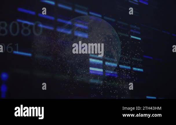 Animation of digital screen with biological data and globe on black ...