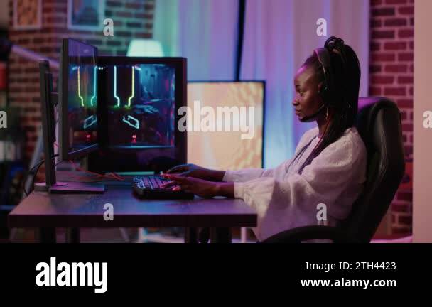 African american gamer girl streaming online first person shooter ...