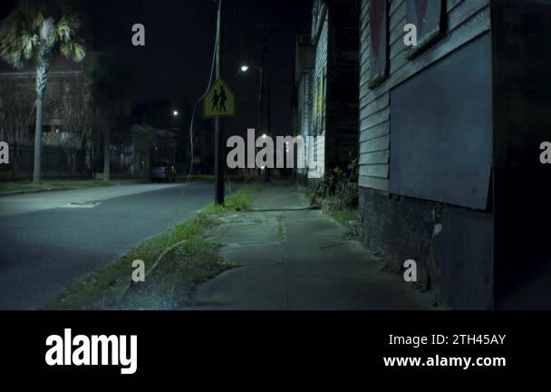 Deserted Street at Night in Low Income Neighborhood, Wide, Anamorphic ...