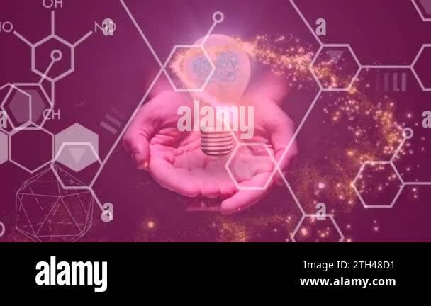 Animation of chemical formulas over hands with bulb and star on purple ...