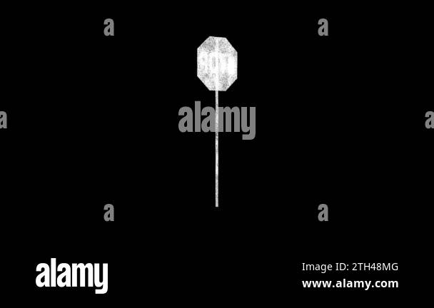 3D road sign stop rotates on black bg. Object dissolved white ...