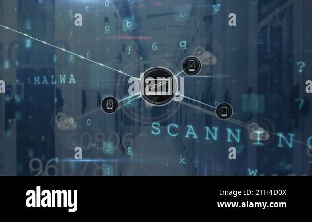 Animation of connected icons over multiple texts, symbols, letter and numbers against server ...