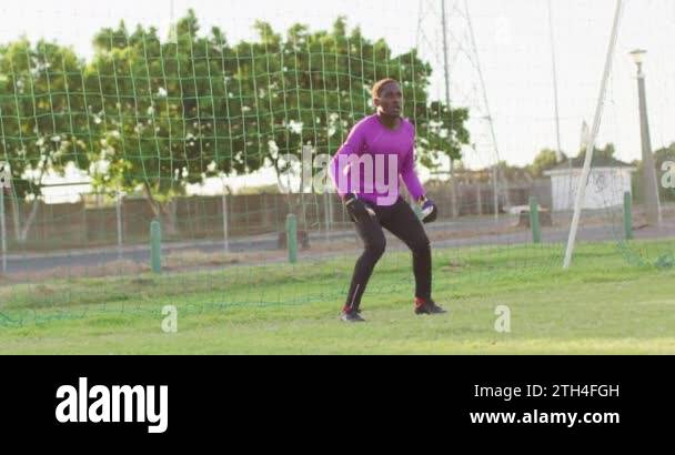 Video of african american goalkeeper on field, playing football. Male ...