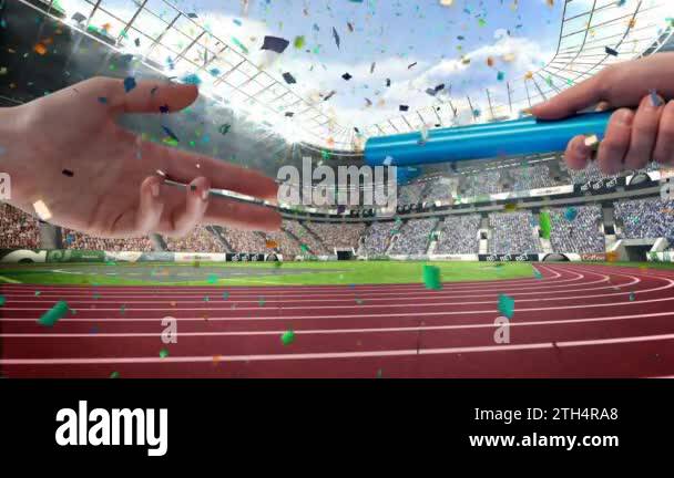 Animation of confetti falling and hands holding relay baton over ...