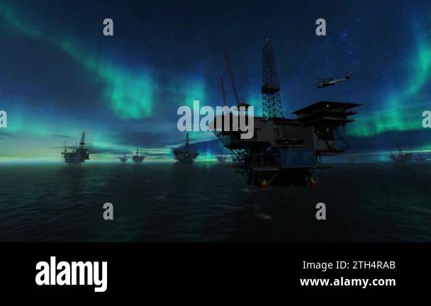 Oil Rigs with Helicopter flying against beautiful aurora borealis, 4k ...