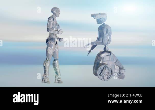 two talking cyborg robots concept of the technical progress and robotics machine learning render ...