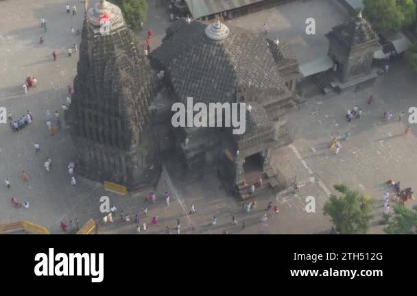 Aerial View of Trimbakeshwar Shiva Temple captured by drone camera. One ...