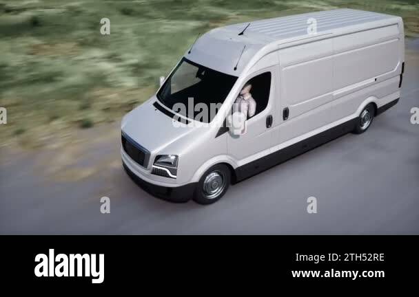 Generic 3d model of delivery van very fast driving on highway. Gas, oil ...