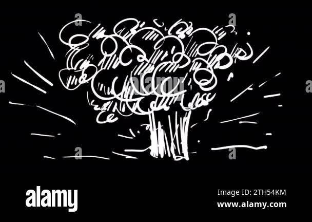 Doodle animation explodes with white strokes on a black screen. Cartoon ...
