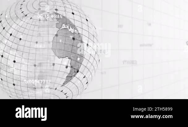 Animation of changing numbers and spinning globe over grid network against white background ...