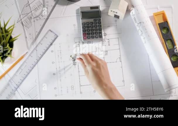 Architectural project workplace. Architect drawing with divider compass ...