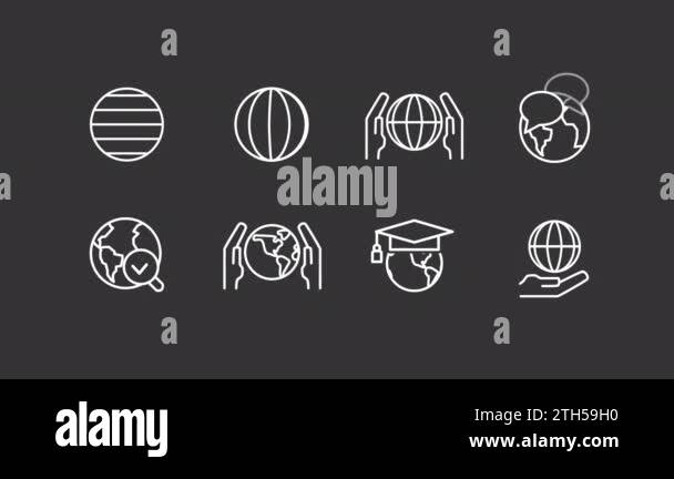 Animated planet white line icons. Latitude and longitude. Internet ...