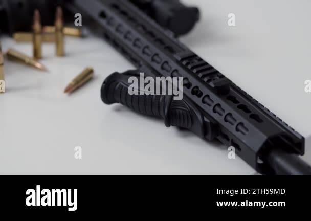 Black iron modern army military machine gun and cartridges, small arms ...