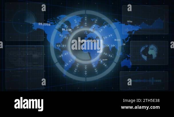 Animation of scope scanning with data processing and world map. Global connections and data ...