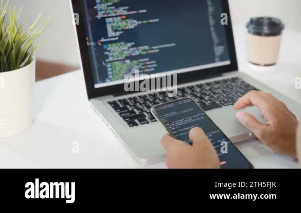 Software Developer Hands Typing Data Coding Programming Javascript With Laptop Computer And