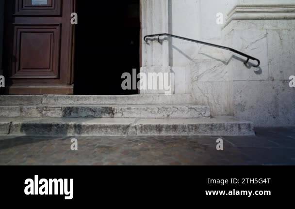 Church entrance detail door stairs and rail at antique European ...