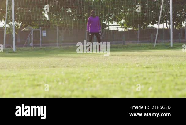 Video of african american goalkeeper on field, playing football. Male ...