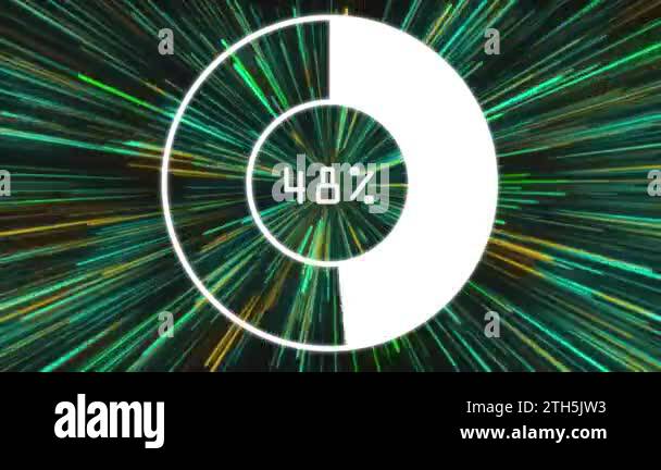 Animation of loading circle over black space with moving yellow and green lines. data processing ...
