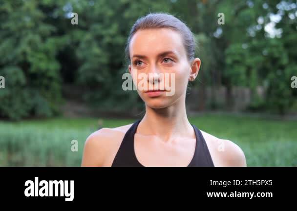 Portrait of Happy Young Pretty Sporting Girl Turning her Head Smiling ...
