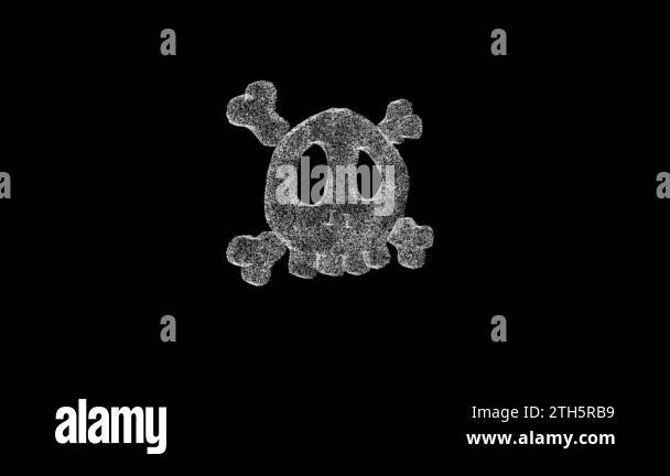 3D poison skull bones rotates on black bg. Object dissolved white ...