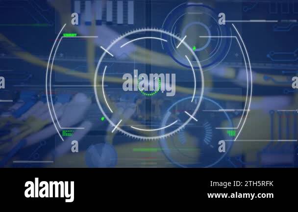 Animation of glitch effect and scope scanning over close up of computer server and data ...