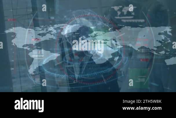 Animation of data processing with scope scanning and world map over diverse business people ...